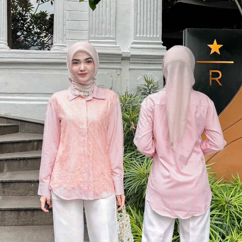 Jual FANMU Kemeja Atasan Brokat Wanita | Kemeja Striped Wanita Oversize | Shopee Indonesia