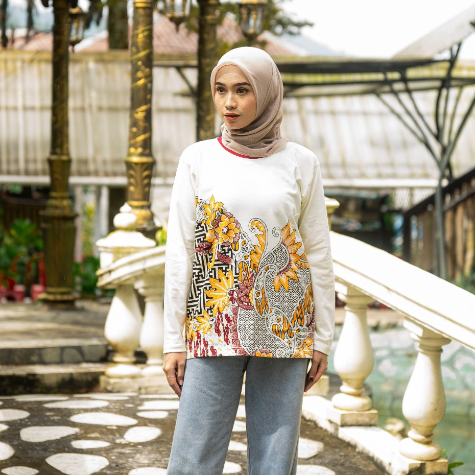 Jual KLAMBEN Kaos Oblong Lengan Panjang Dewasa Premium Kekinian Batik Kawung Putri Putih Tulang ...