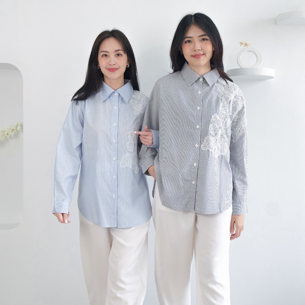 Jual QUEENTIN Kemeja Wanita Vintage 0683 Katun Polymicro Motif Salur ...