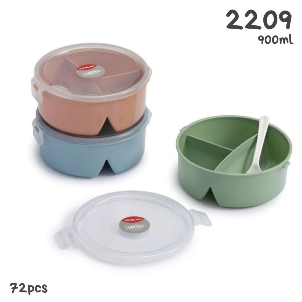 Jual Lunch Box Kotak Bekal Bulat 900ml 3 Sekat Free Sendok | Shopee ...