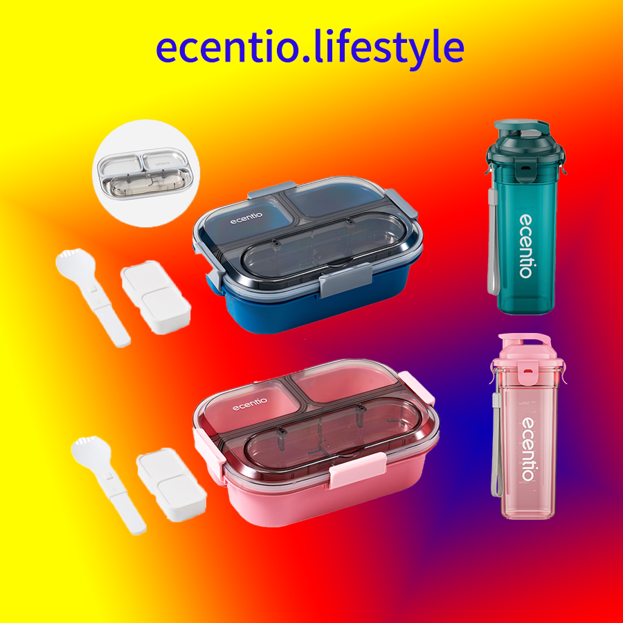 Jual ecentio lunch box set 3 Grid kotak bekal 2.0 anti tumpah free ...