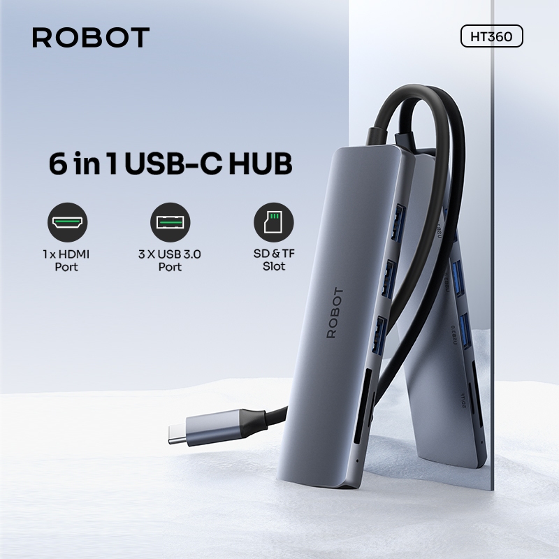 Jual ROBOT HT360 USB HUB MULTIPORT 6IN1 USB, TYPE C, SD CARD, MICRO SD ...