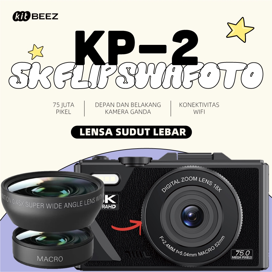 Jual KiTBEEZ KP-2 Kamera Digital WiFi 75MP 18x 5K digicam Putaran 180 ...
