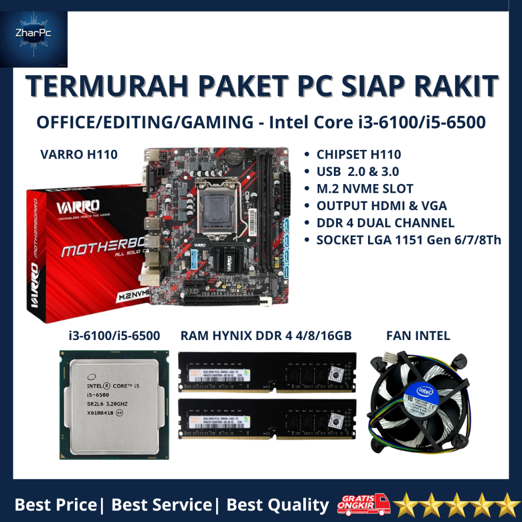 Jual Paket Motherboard Varro H110 - Socket LGA 1151 Ram DDR4 Mainboard H110 / Processor Intel ...