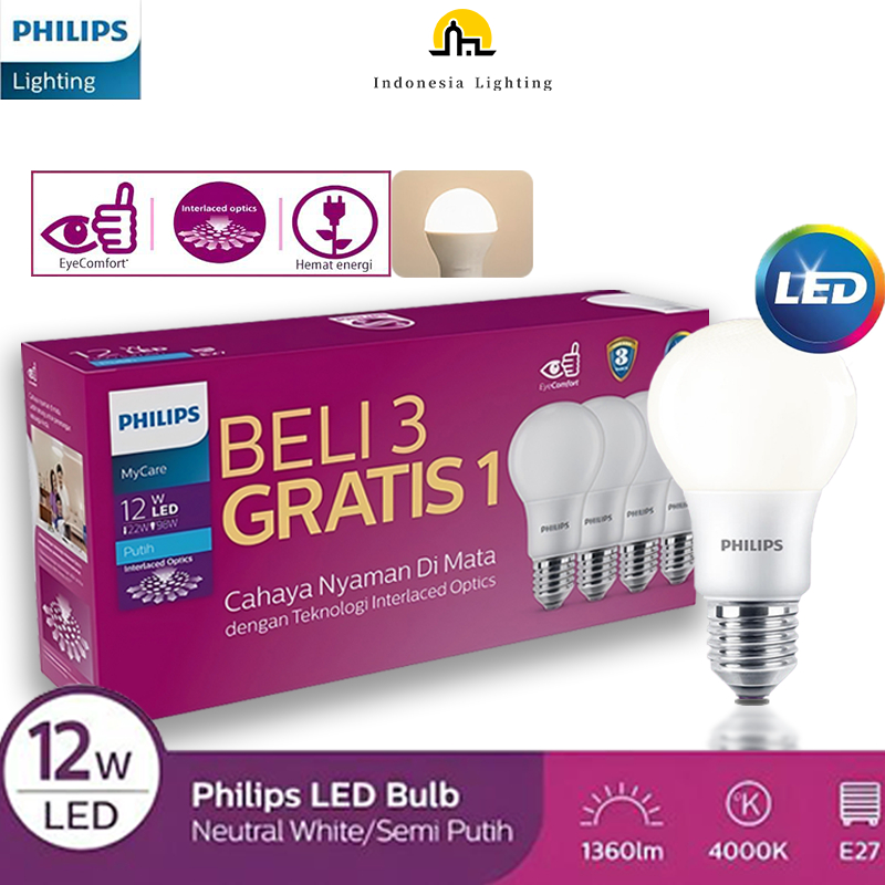 Jual Philips LED Bulb 12W E27 4000K Putih Hangat 4pcs,Penghematan ...