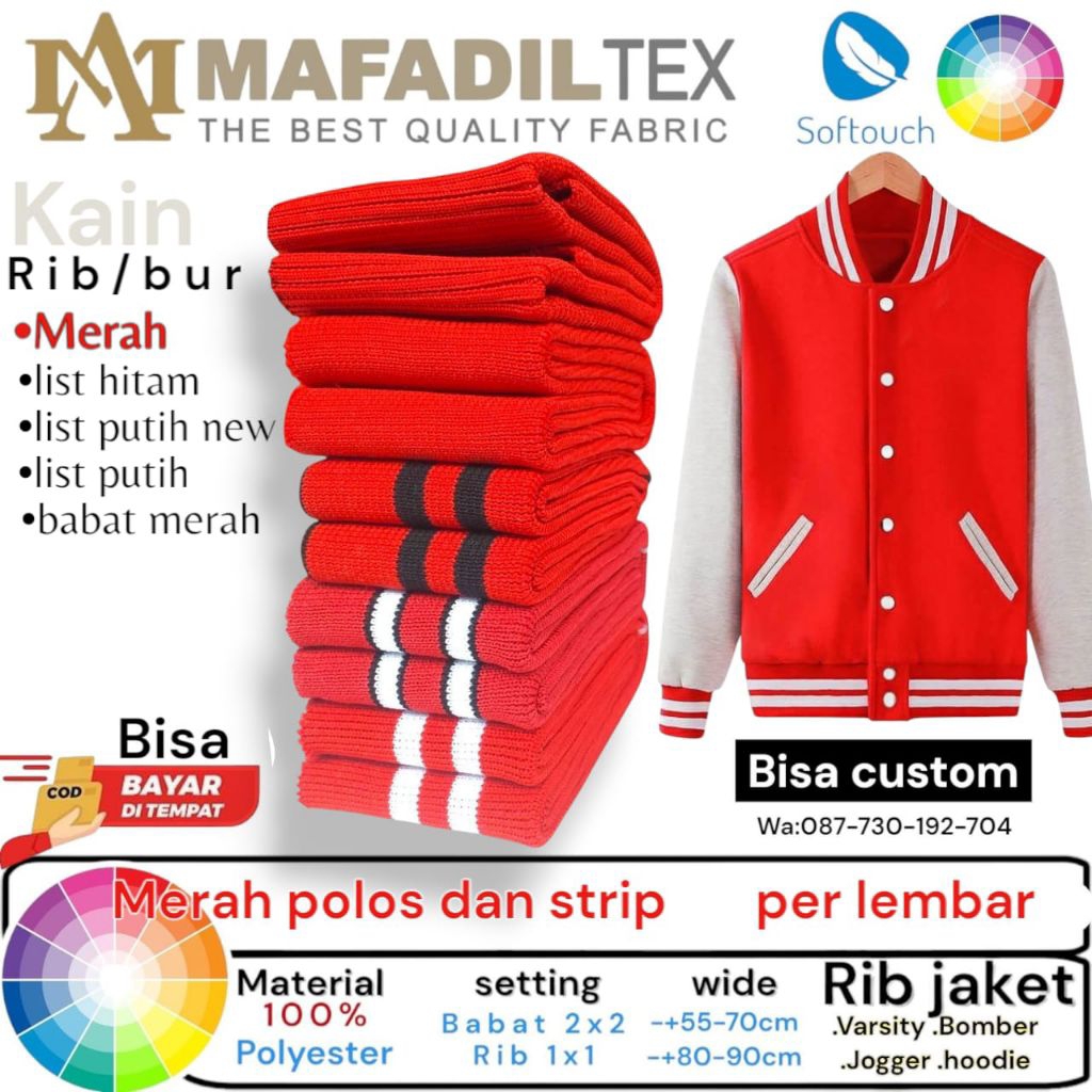 Jual Kain Rib Bur Jaket warna merah polos dan salur polyster premium ...