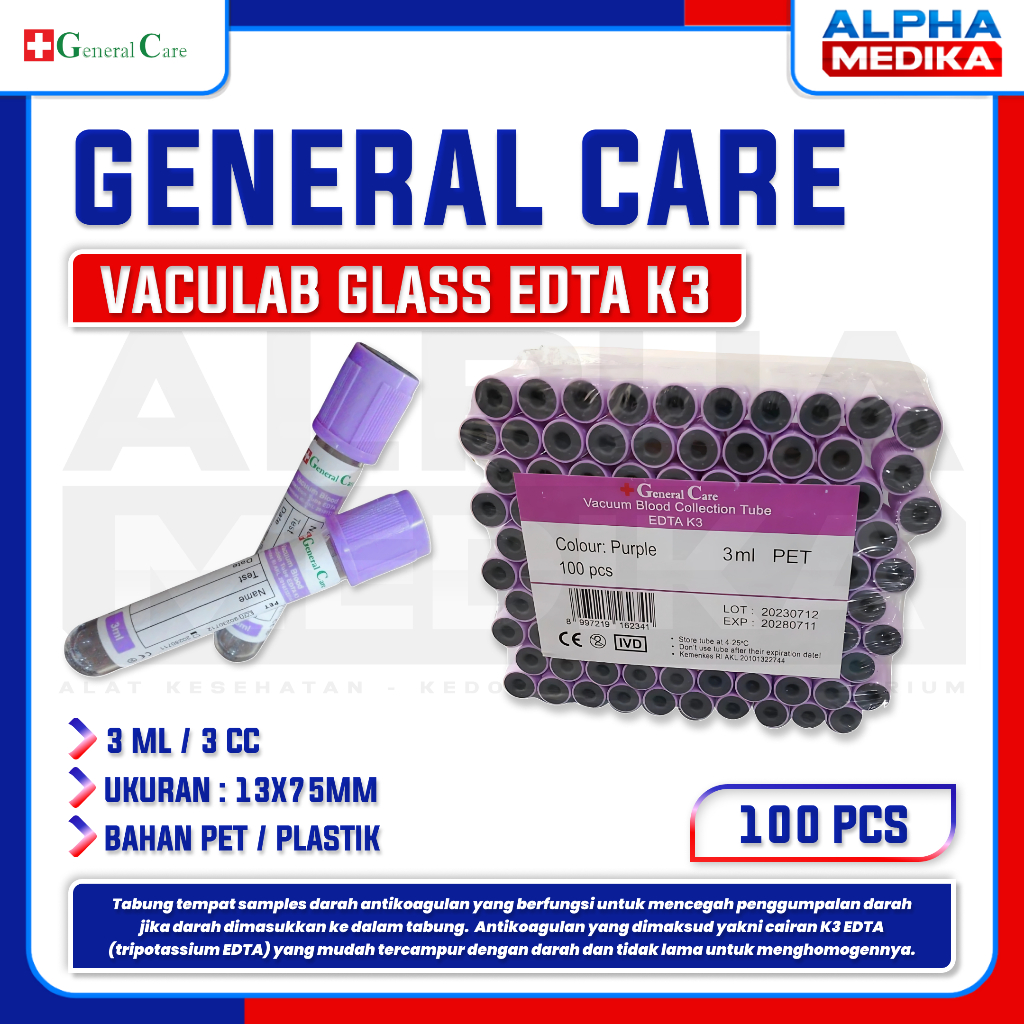 Jual GENERALCARE - Vaculab Glass EDTA K3 3ML / Tabung Vacuum / EDTA K3 ...