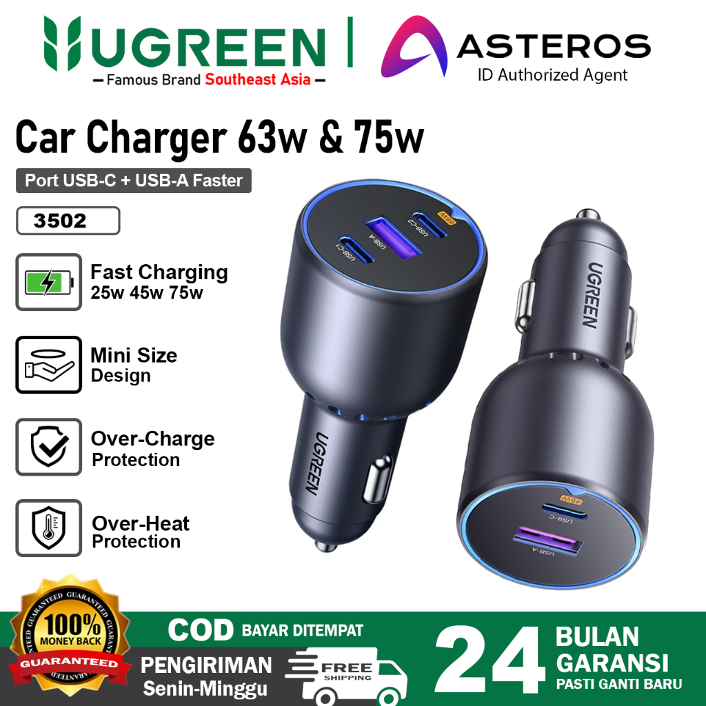 Jual UGREEN Car Charger Mobil USB A+ Type C PD QC 3.0 Fast Charging 63w ...