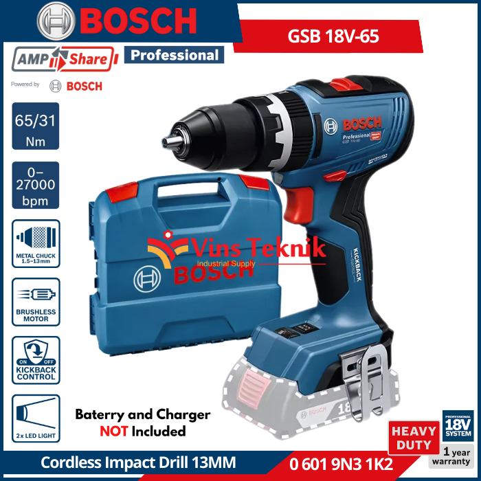 Jual Mesin Bor Tembok Baterai 18V Cordless Brushless Impact Drill 13MM BOSCH GSB18V-65 GSB 18V ...