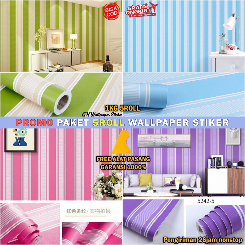 Jual PROMO PAKET 5 Roll | Wallpaper Stiker Dinding Motif Salur | PVC Tebal Anti Air Premium ...
