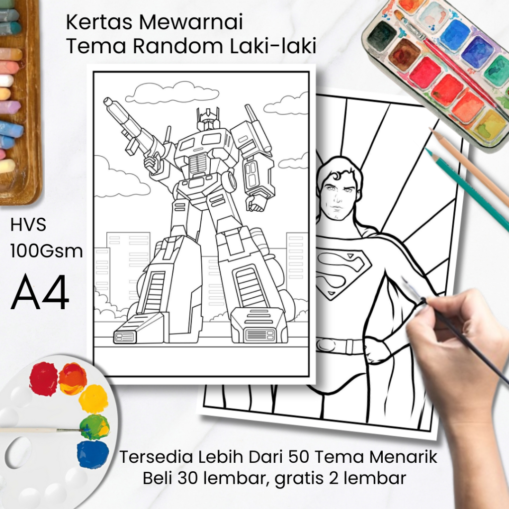 Jual 30 Lembar Kertas Gambar Mewarnai Anak Tema Random Laki-laki A4 ...