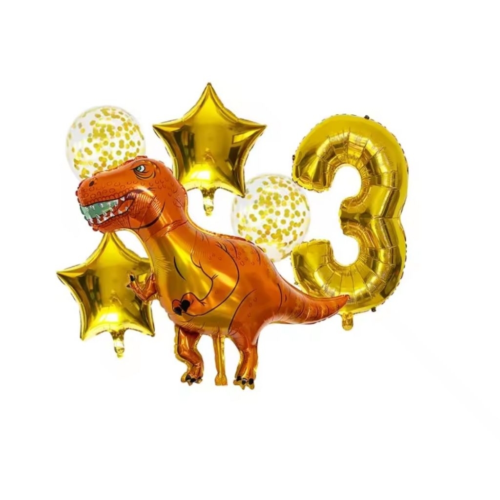 Jual Set balon foil angka jumbo 80cm warna emas gold tema hewan dino dinosaurus dinosaurs trex ...