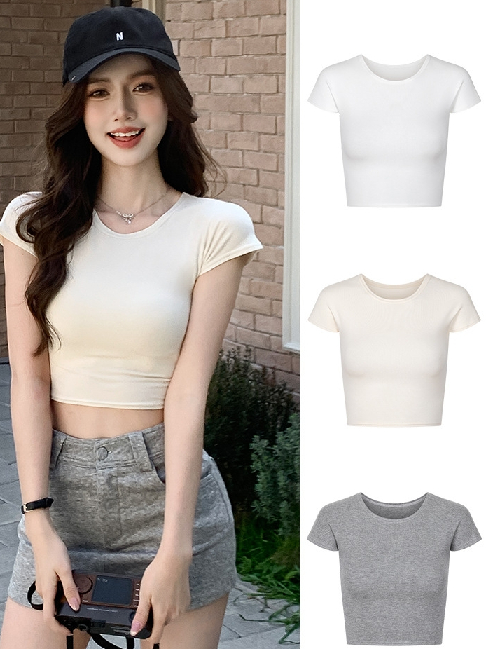 Jual 【Miss YoYo】Short Sleeve Plain Crop Top Round Neck Y024 (S/M/L/XL ...