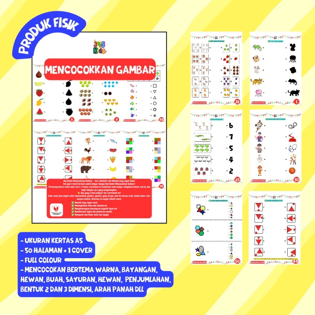 Jual Mencocokan Gambar worksheet anak pra TK hingga TK B umur 3 4 5 6 ...