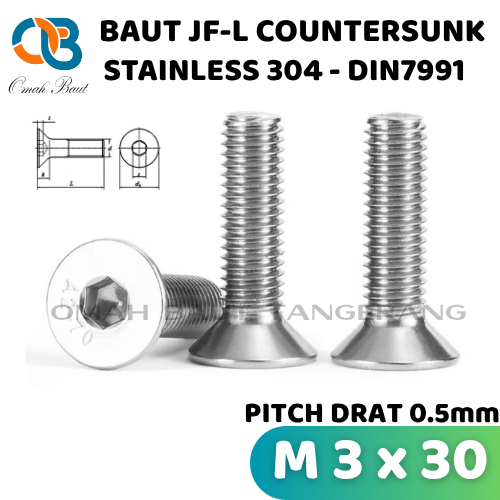 Jual M3x30 Baut JF L M3 x 30 Stainless / Baut Verseng M3 x 30 Stainless / Countersunk M3 x 30 ...