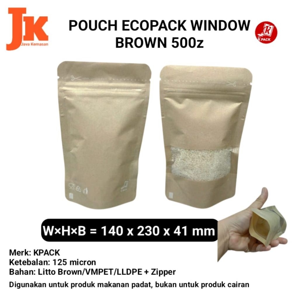 Jual ECOPACK WINDOW 500Z STANDING POUCH WINDOW LITHO BROWN PAPER KERTAS ...