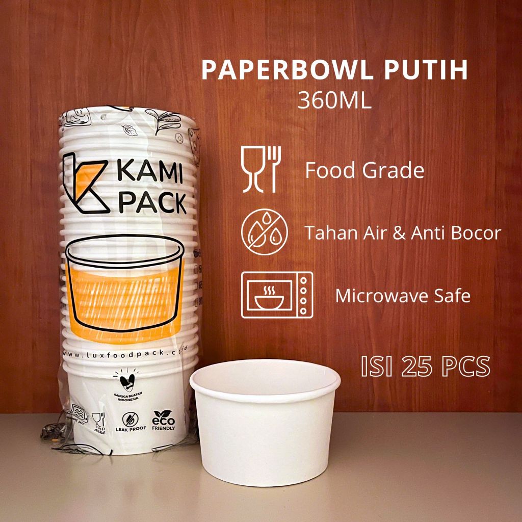 Jual (Grosir) Paper Bowl Putih 360ml + Tutup (25) Halal Kami Pack Wadah ...