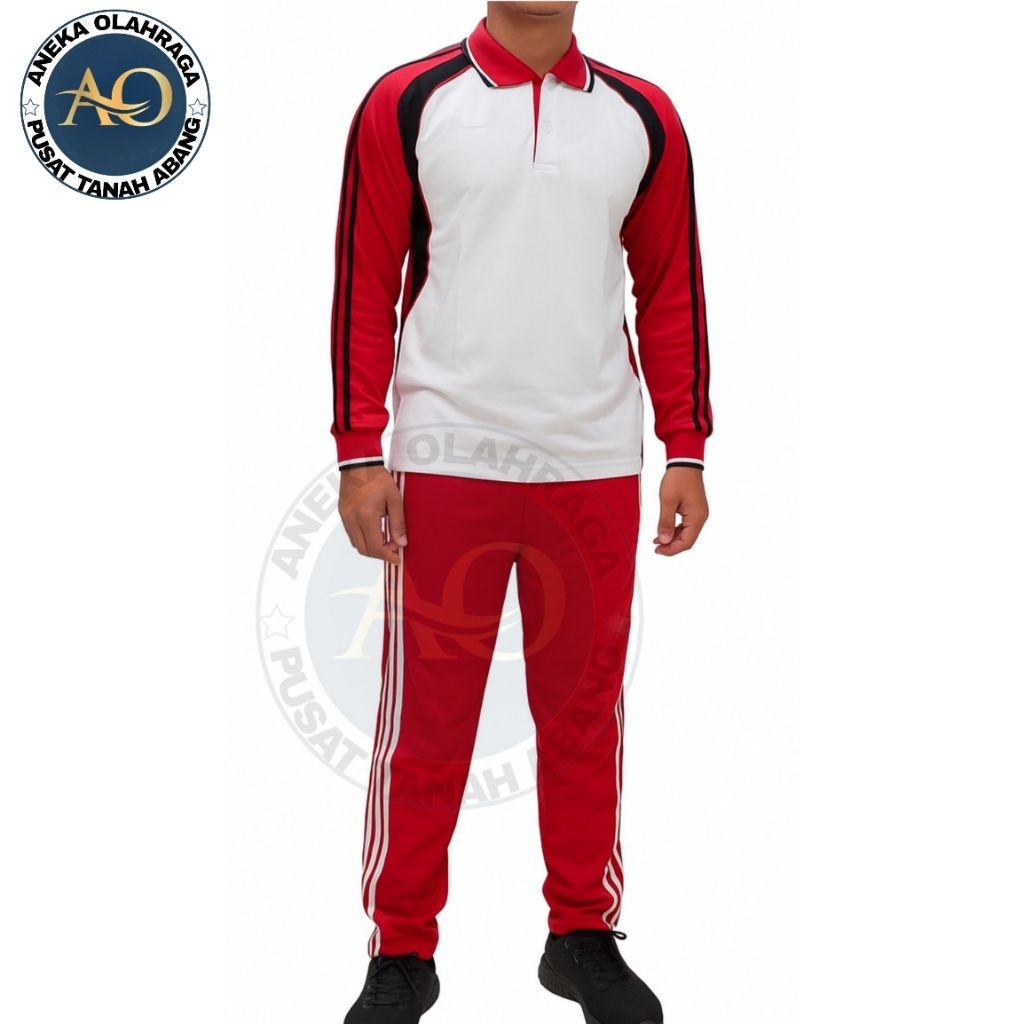 Jual Setelan Baju Olahraga Pria Lengan Putih Merah Celana Training List ...
