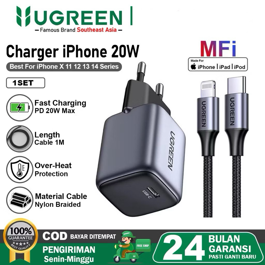 Jual UGREEN Charger GaN iPhone MFi PD Type C to Lightning Fast Charging 20W | Shopee Indonesia