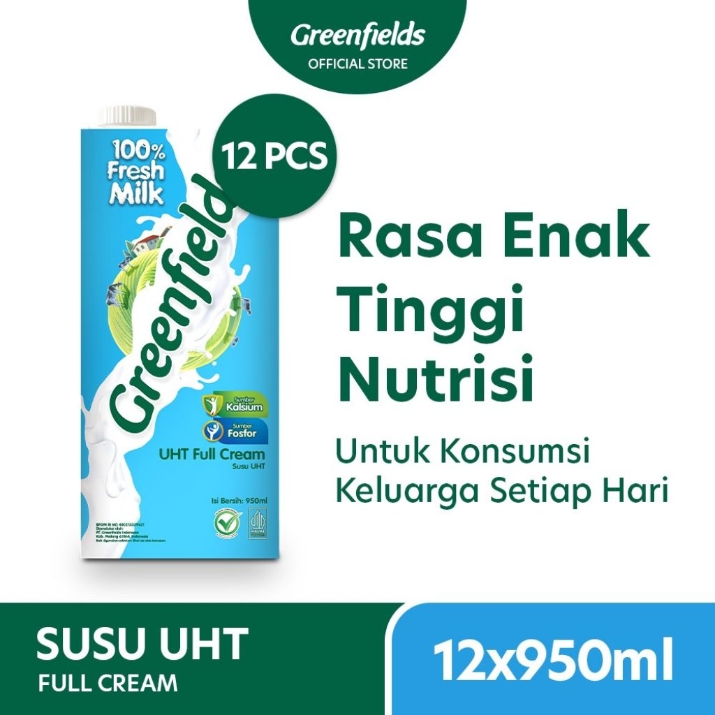 Jual TERMURAH 1 dus isi 12pcs GREENFIELDS UHT Full cream 950ML | Shopee Indonesia