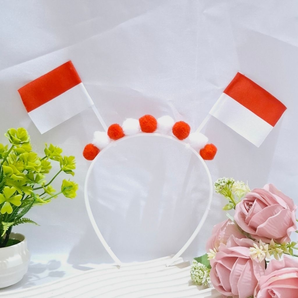 Jual Bando pom pom merah putih | Bando aksesoris kemerdekaan | bando ...
