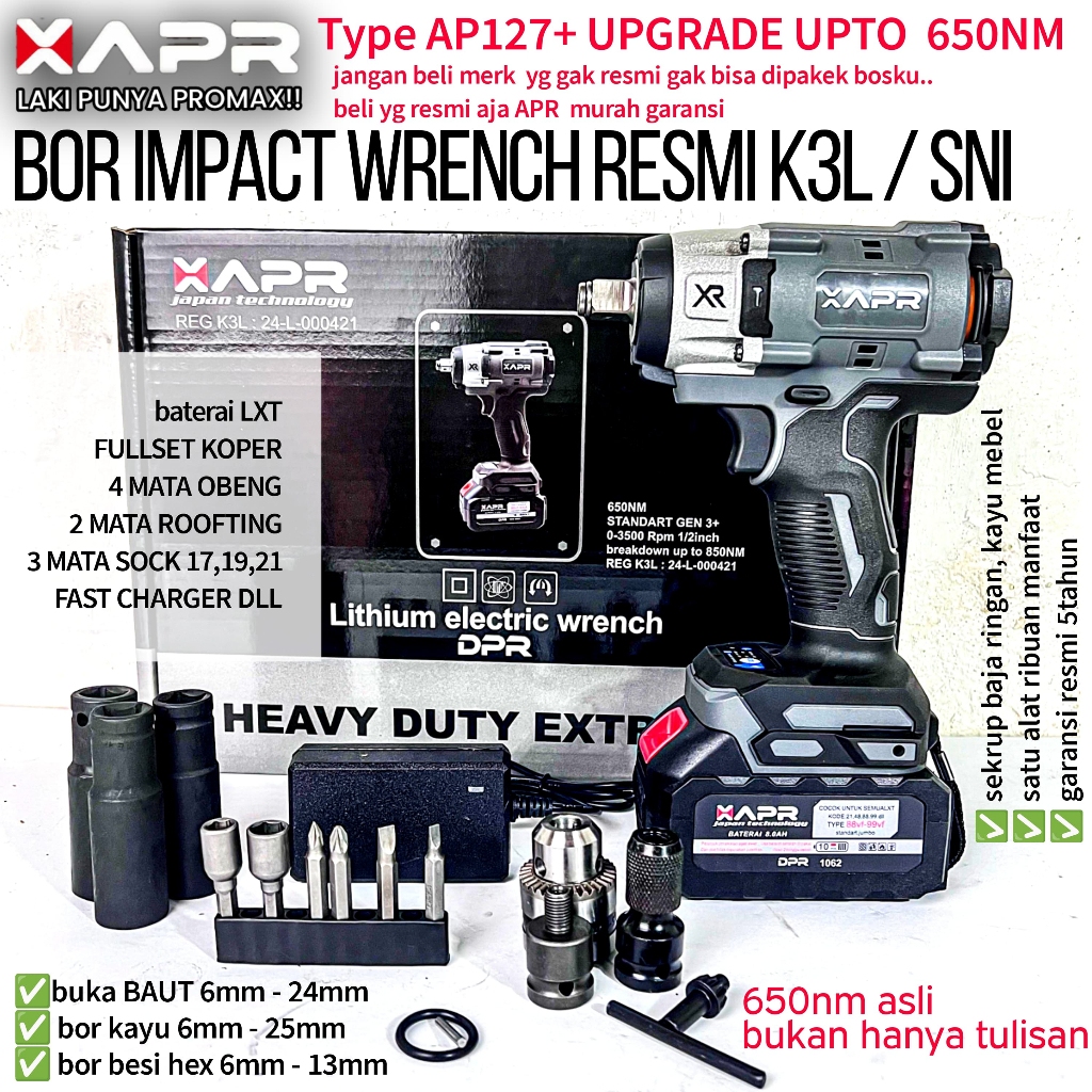 Jual APR JAPAN IMPACT WRENCH AP127+ 650NM FACELIFT CORDLESS 88V MESIN ...