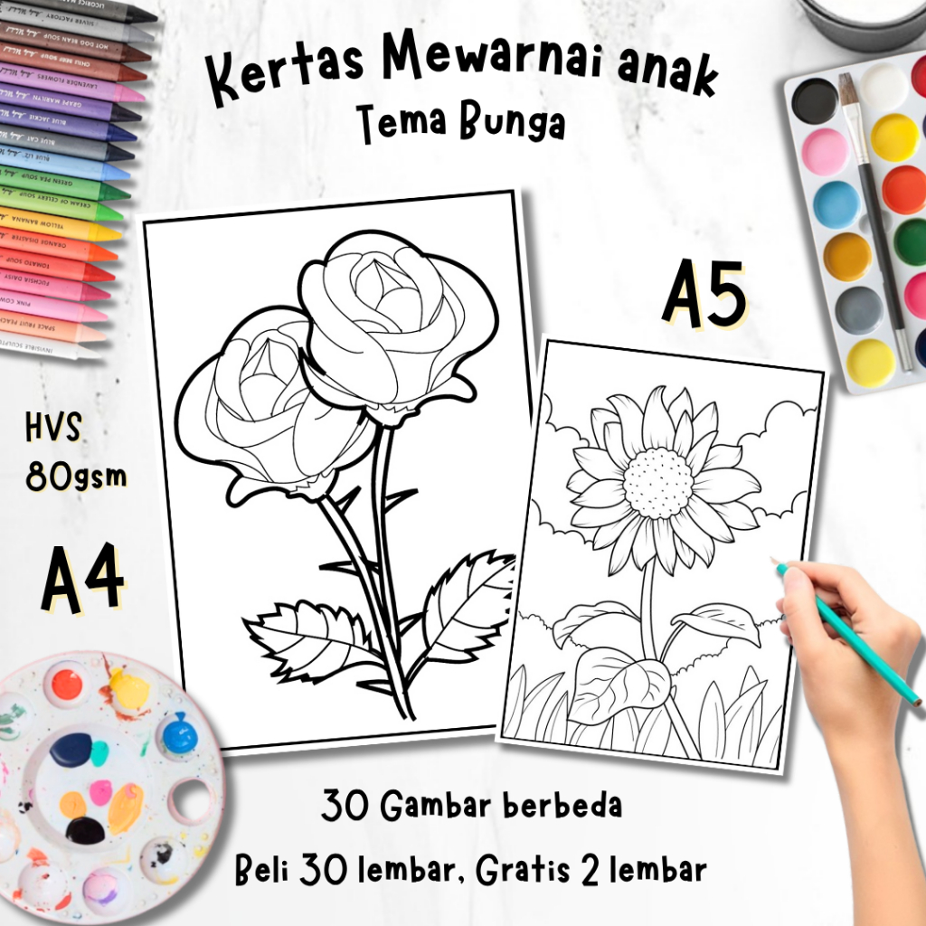 Jual 30 Lembar Kertas Gambar Mewarnai Anak Tema Bunga A5 & A4 - Kegitan ...