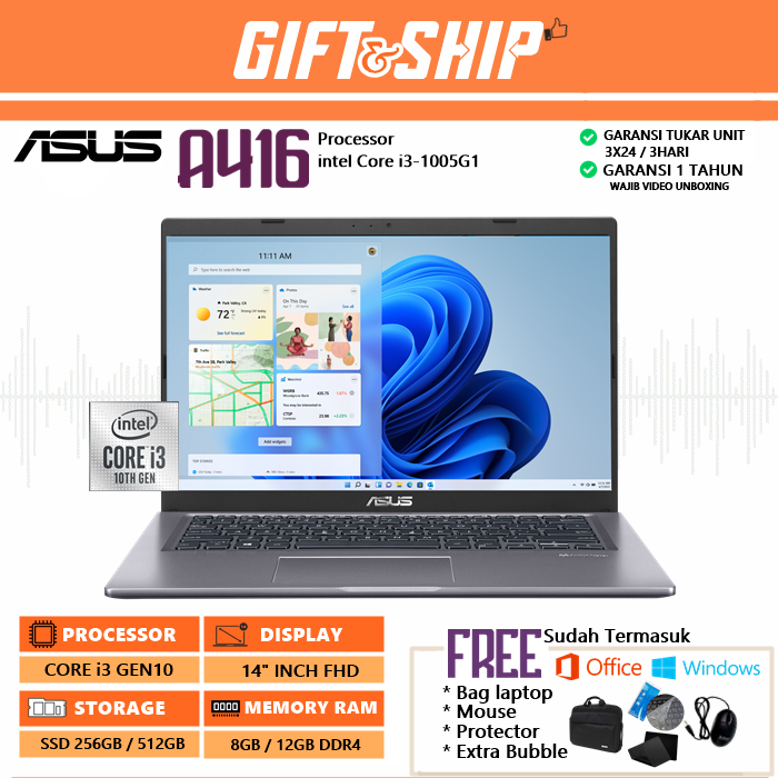 Jual ASUS A416 intel Core i3 GEN 10 RAM 12GB-SSD 512GB 14" FHD BACKLIT ...