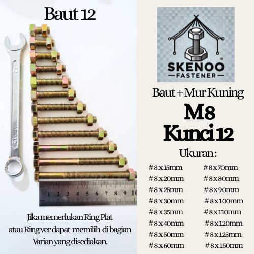 Jual (10 Pcs) Baut Mur Kuning, Ukuran M8 Kunci 12, Warna Kuning, (Anti ...