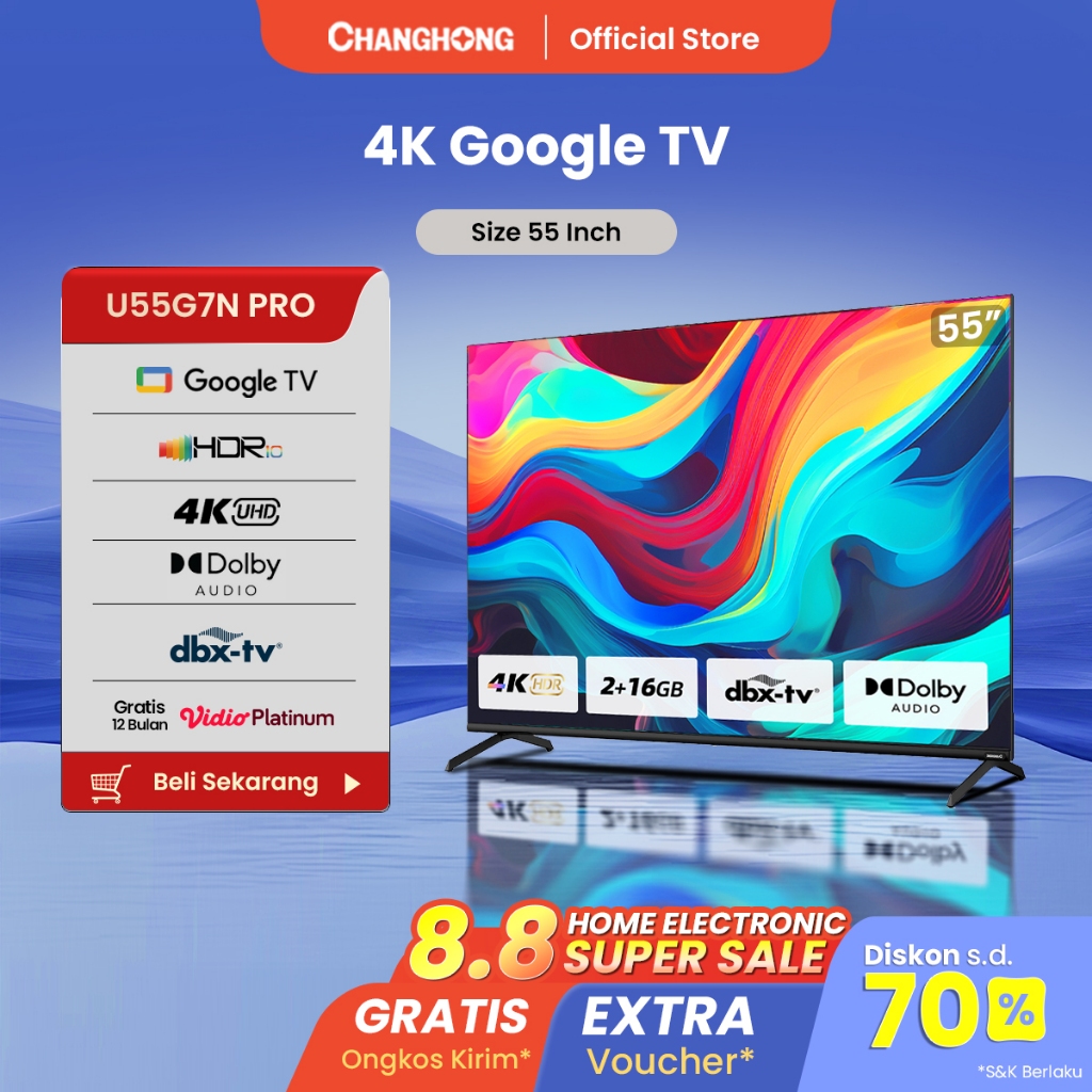 Jual Google TV Changhong 55 inch Smart TV 4K UHD-HDR10+DBX Dolby Audio Google Assistant Netflix ...