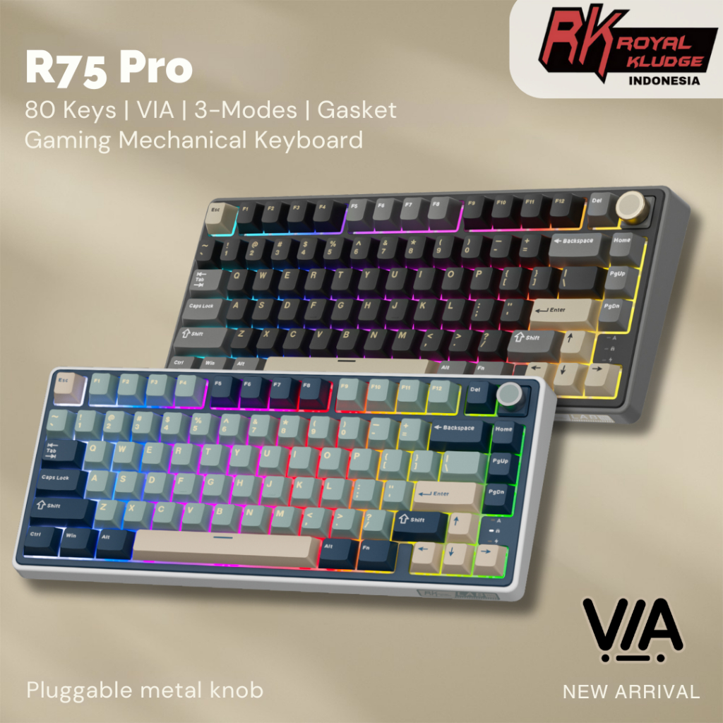 Jual Royal Kludge RK R75 Pro Wireless QMK/VIA 3-Mode Pluggable Knob 75% ...