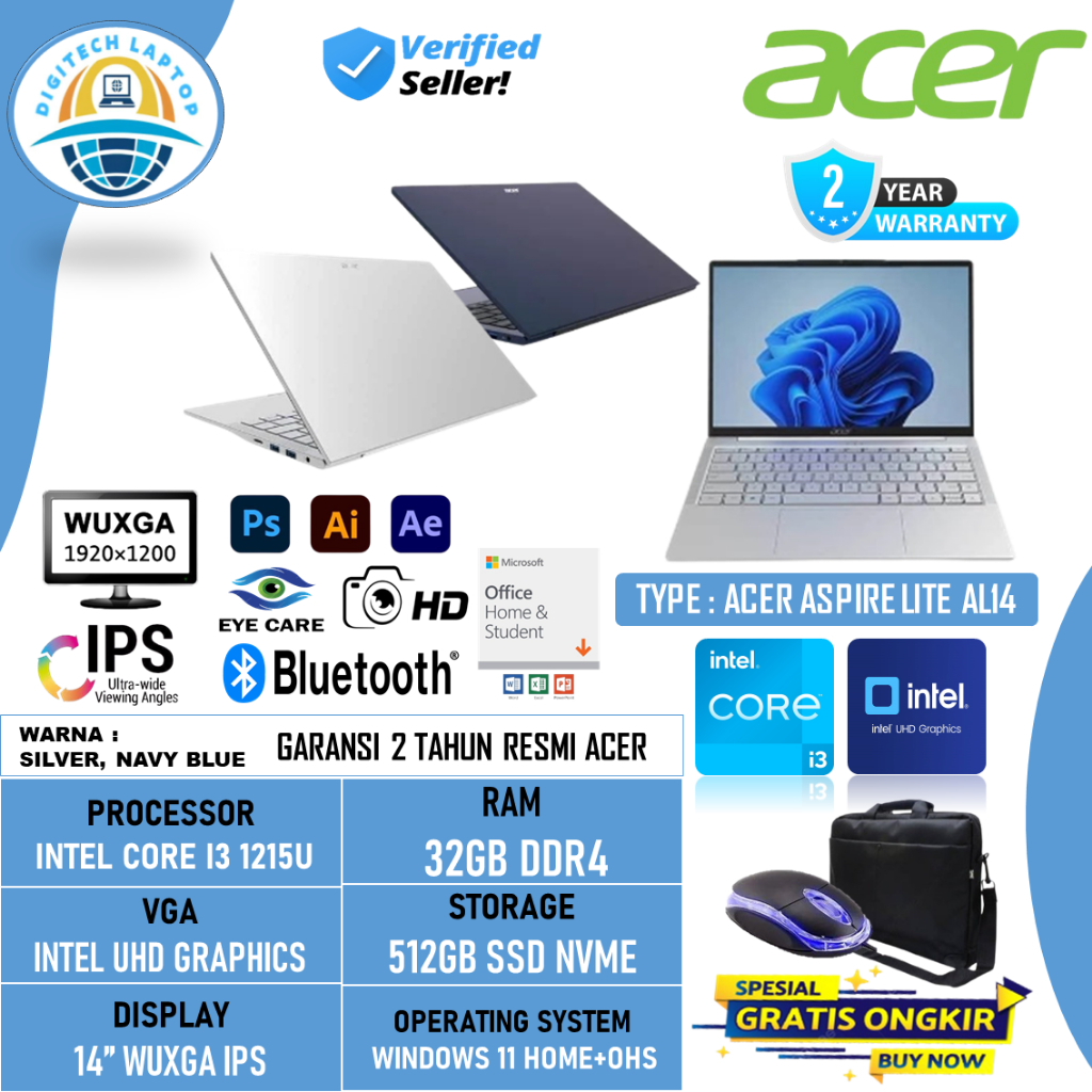Jual Promo Acer Aspire Lite 14 AL1-14M Intel i3 1215U 32GB 256GB SSD 14 ...