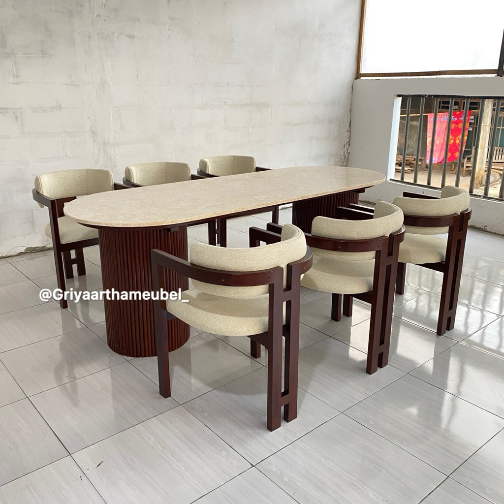 Jual Meja makan 6 kursi kayu jati top meja marmer cream Meja makan ...
