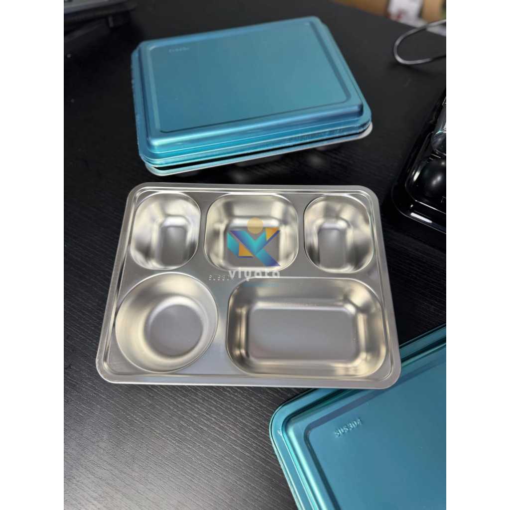 Jual food tray stainless SUS304 ompreng tempat makan 5 sekat tutup ...