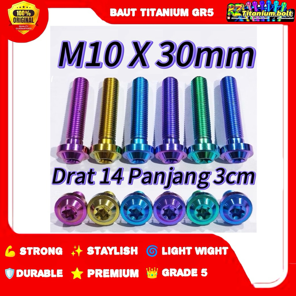 Jual (1 Biji) Baut Titanium M10 X 30mm Drat 14 Panjang 3cm Big Head ...