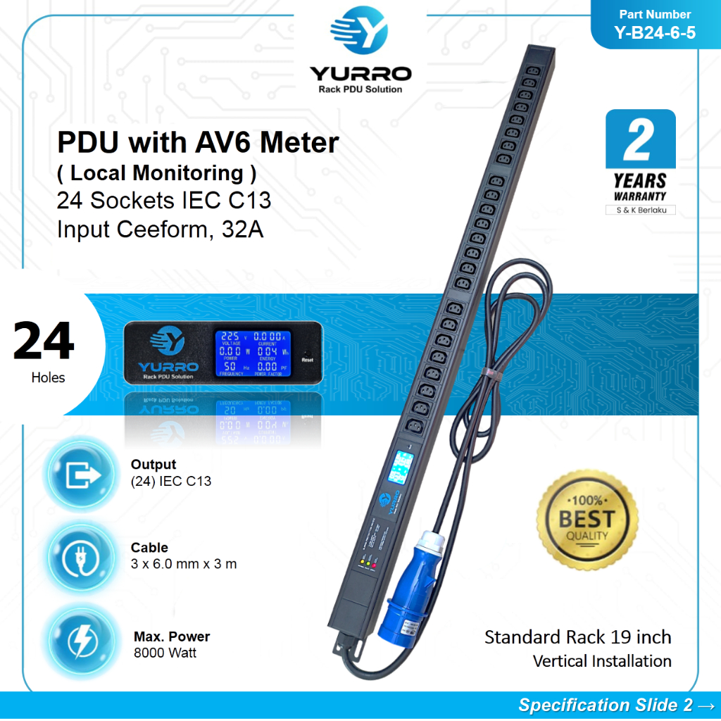 Jual YURRO - Colokan Listrik 24 Holes PDU IEC C13 with AV6 Meter, Input ...