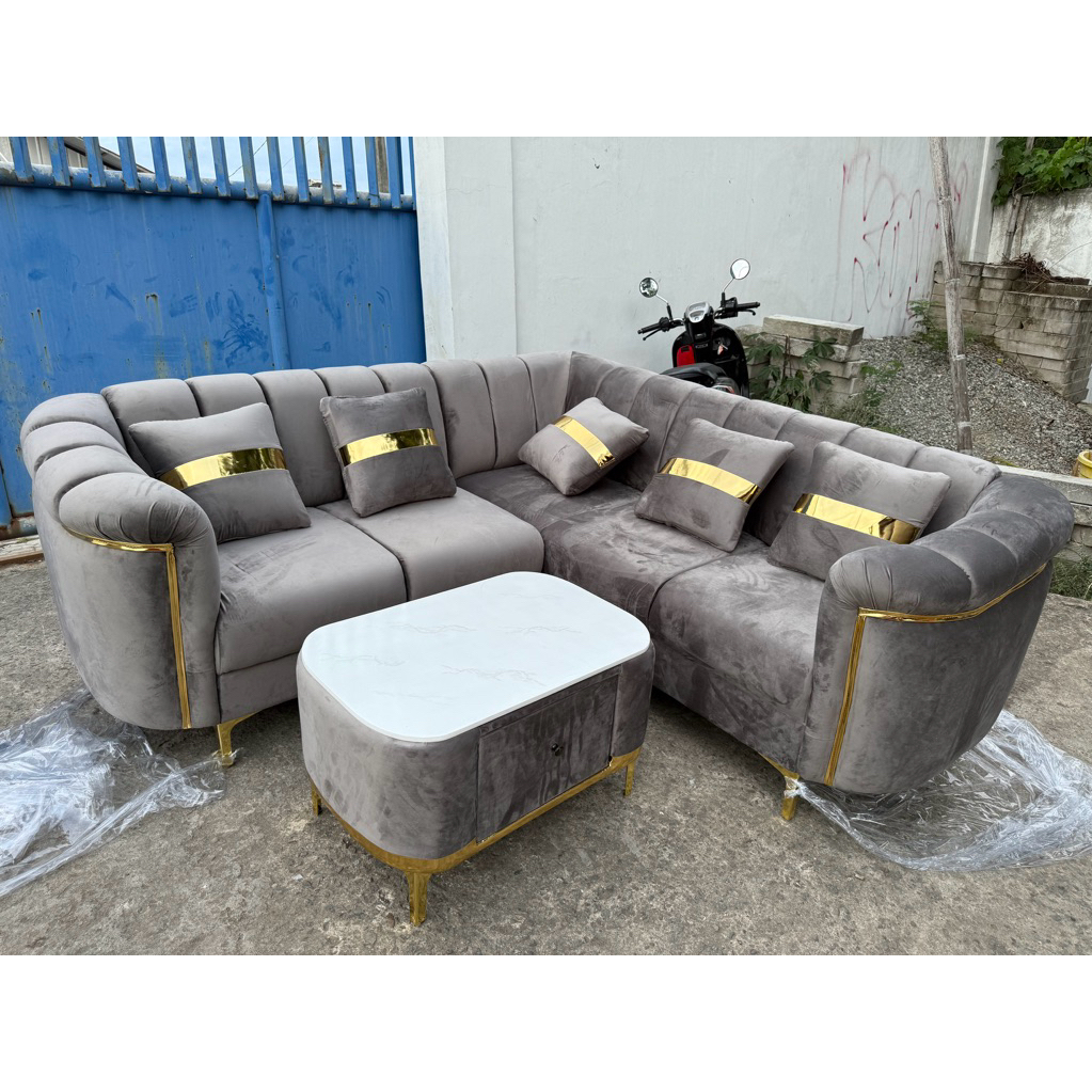 Jual SOFA RUANG TAMU L DRUM Kaki Besi sudut pisah + meja oval bahan ...