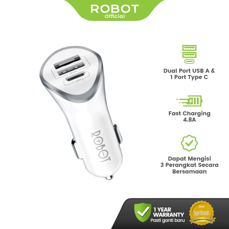 Jual ROBOT Car Charger 3 Port Fast Charging Mobil Type C Micro Adapter ...