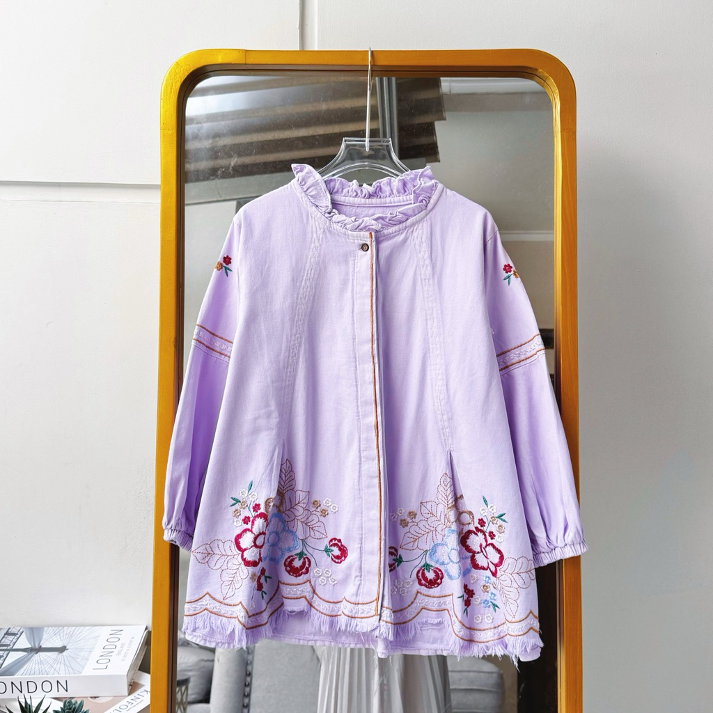 Jual Reskia Jeans Bordir Motif bunga Lengan Bishop Karet | Shopee Indonesia