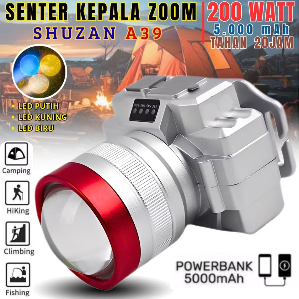 Jual Headlamp/Senter Kepala Zoom 200w 3 Cahaya A39 | Senter Premium ...