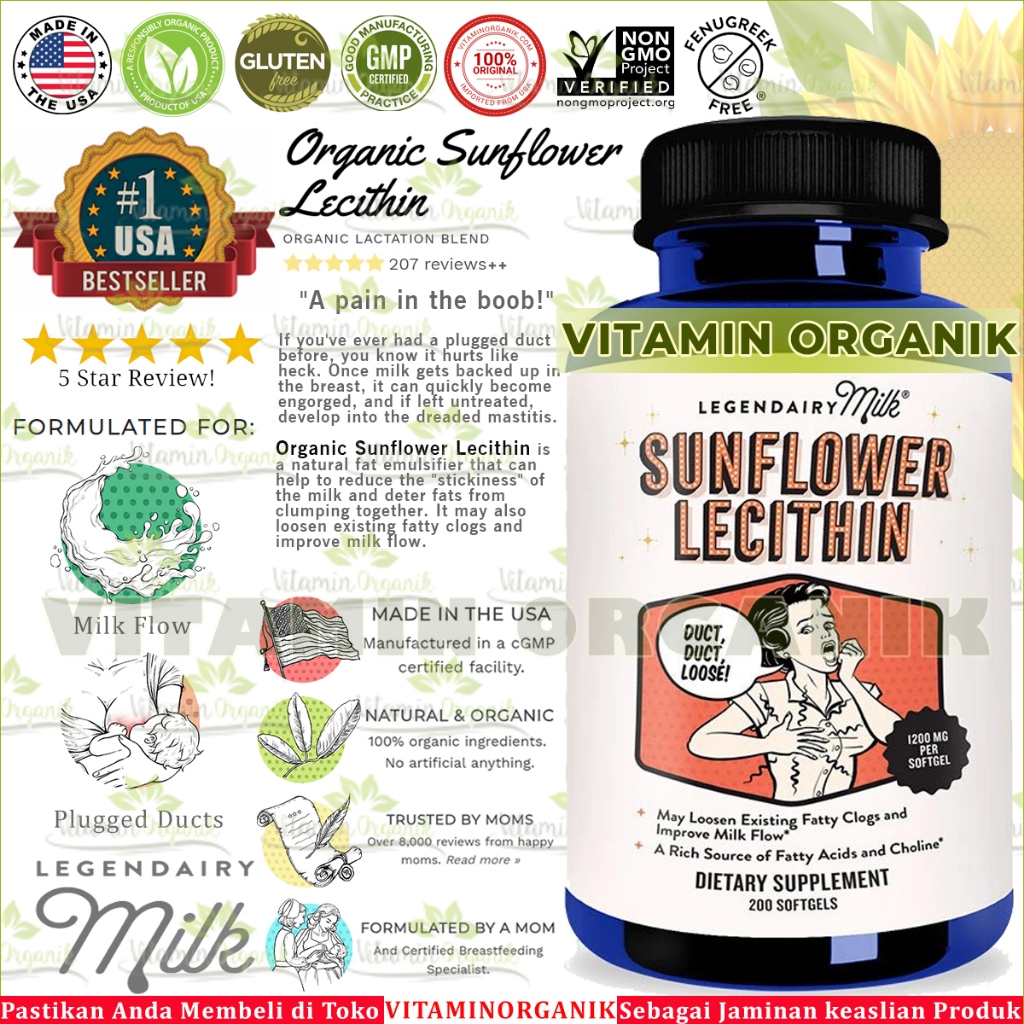 Jual Sunflower Lecithin Organik 1200mg LEGENDAIRY MILK Repack 50 Kapsul ...