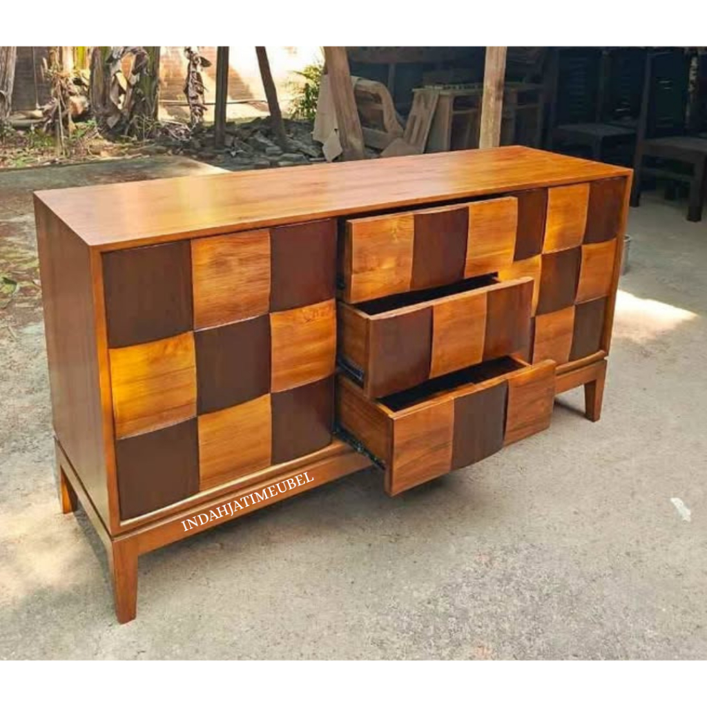 Jual bufet pendek meja tv rak kabinet kayu jati solid motif unik lego ...