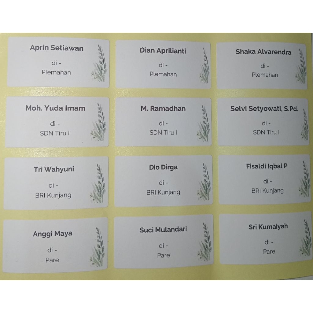 Jual label nama undangan / stiker nama undangan sudah tercetak nama dan ...