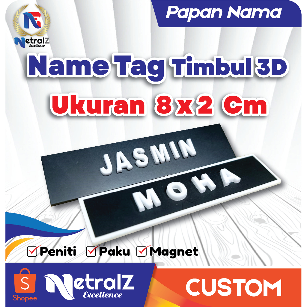 Jual Name Tag Timbul 3D 8x2 cm / Bahan Acrilik Magnet, Peniti, Paku ...