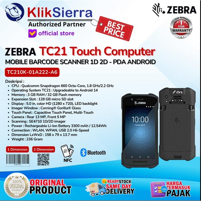 Jual ZEBRA TC21 TC210K-01A222-A6 Mobile Touchscreen Computers - Portable PDA Android Scanner ...