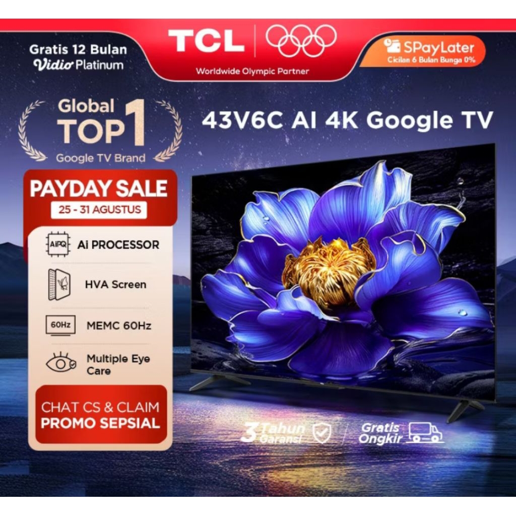Jual TCL 43V6C GOOGLE TV 43" TERBARU 4K | Shopee Indonesia
