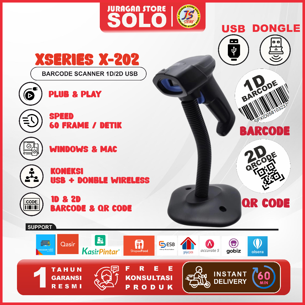 Jual Barcode Scanner X-Series X202 X 202 USB Dongle wIreless 1D & 2D ...