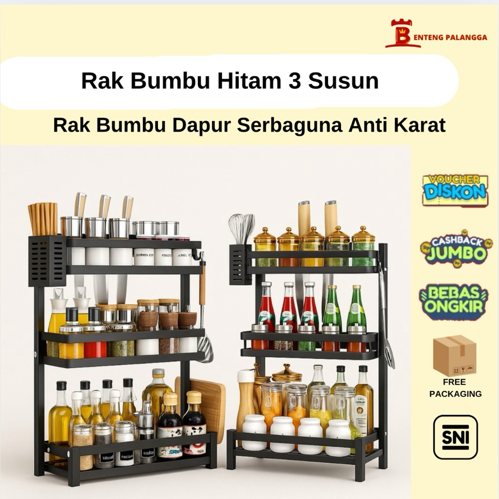 Jual Rak Bumbu Dapur 3 Susun Hitam Stainless Steel Rak Bumbu Rak Dapur ...