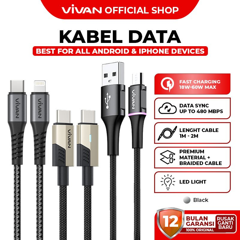 Jual Vivan Kabel Data Charging Cable Type C/Lightining/Micro Fast ...