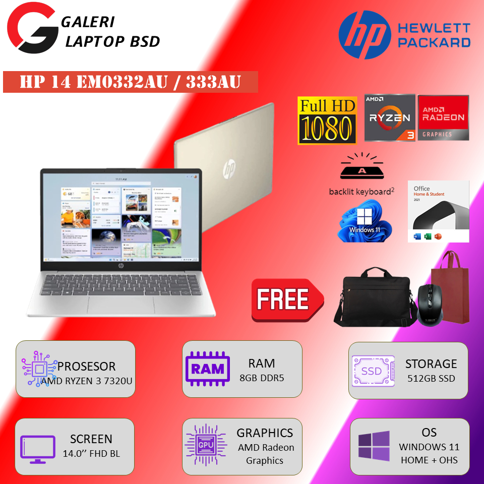 Jual Laptop HP 14-em0332AU/em0333AU Ryzen 3 7320U 512GB SSD 8GB FHD ...